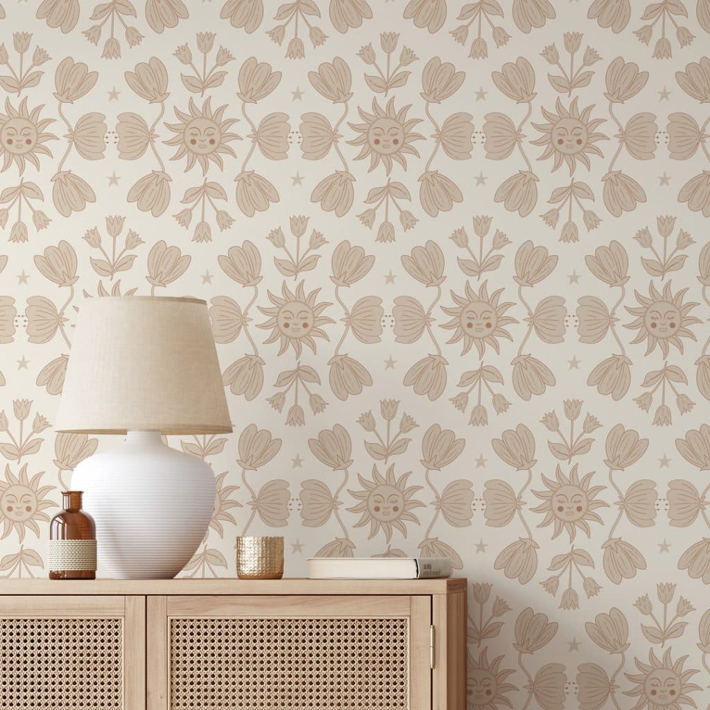 Behang Farm Tales in beige met cowboys op een boerderij